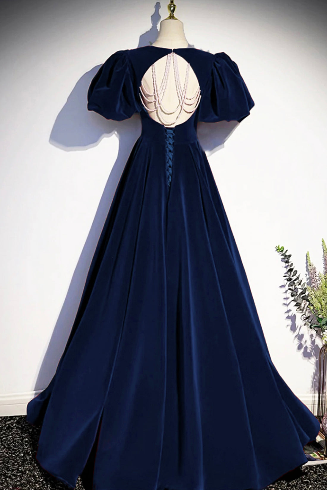 Blue Velvet Floor Length Prom Dress, Elegant Short Sleeve Evening Part