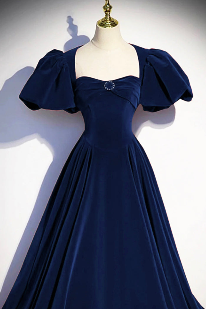 Blue Velvet Floor Length Prom Dress, Elegant Short Sleeve Evening Part