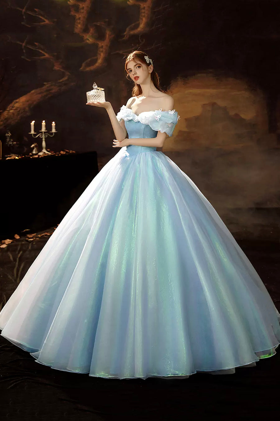 Blue Tulle Long Princess Dress, A-Line Off the Shoulder Evening Party