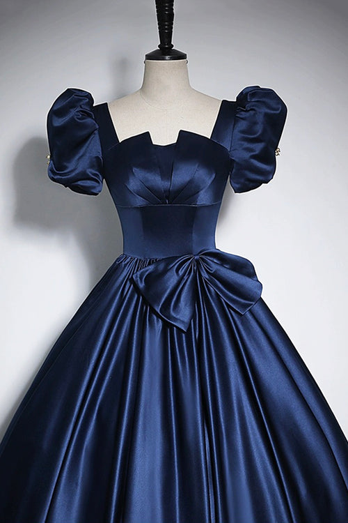 Elegant Blue Satin Prom Dresses, Square Neckline Puffy Short Sleeve Bo