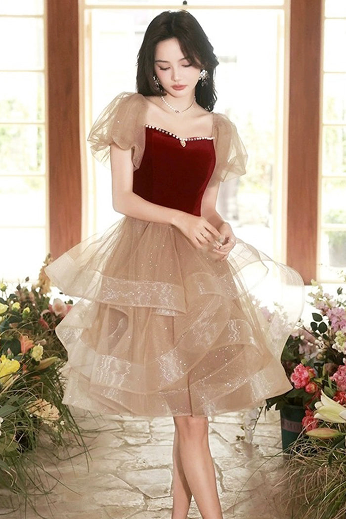 Cute Velvet Tulle Short Prom Dress, Beautiful Party Dress Homecoming D