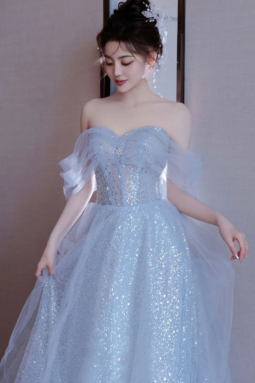 Light Blue Tulle Off Shoulder Party Dress, A-Line Sequins Blue Formal