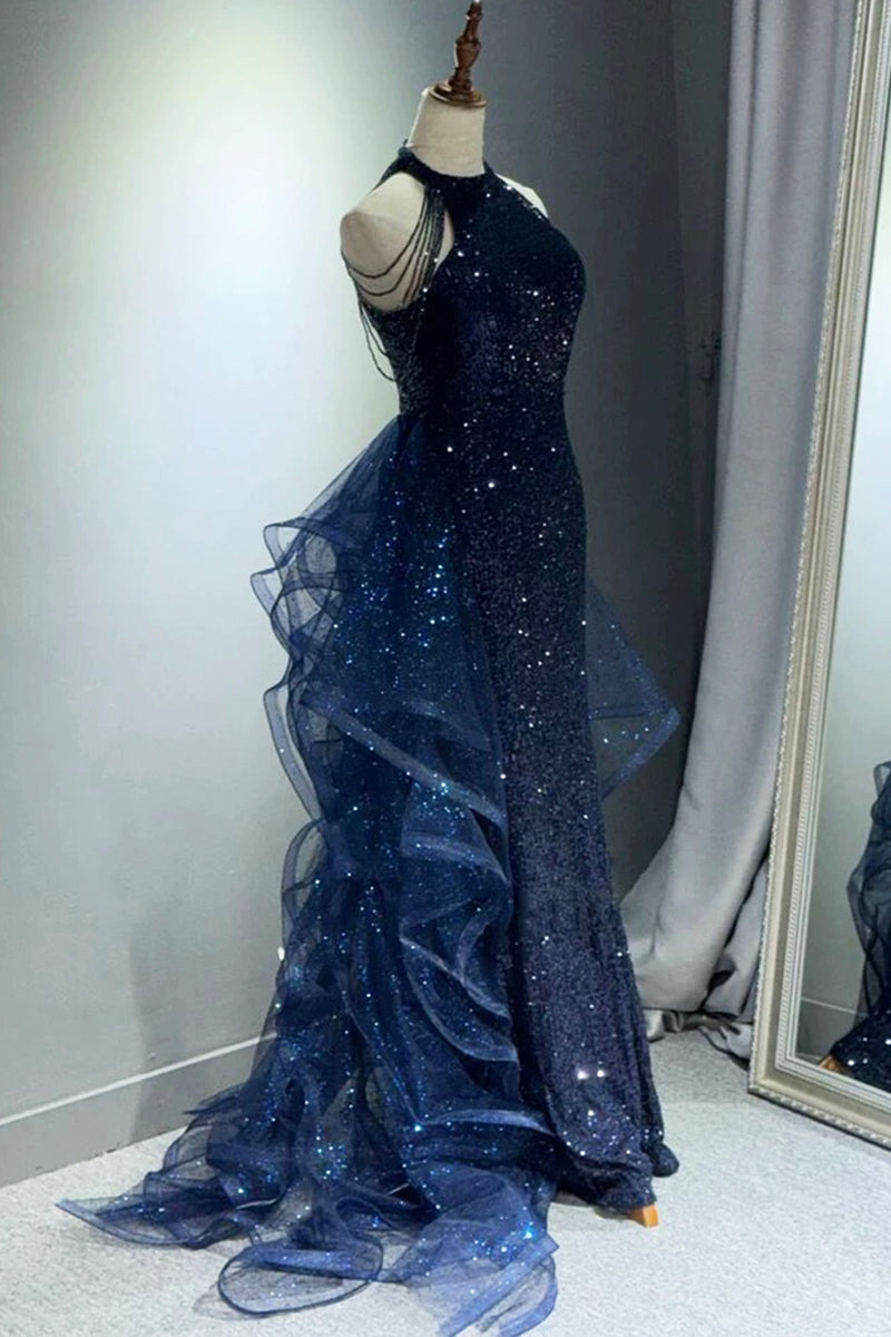 Navy Shiny Tulle Long Party Dress with Beaded, Navy Evening Party Dres