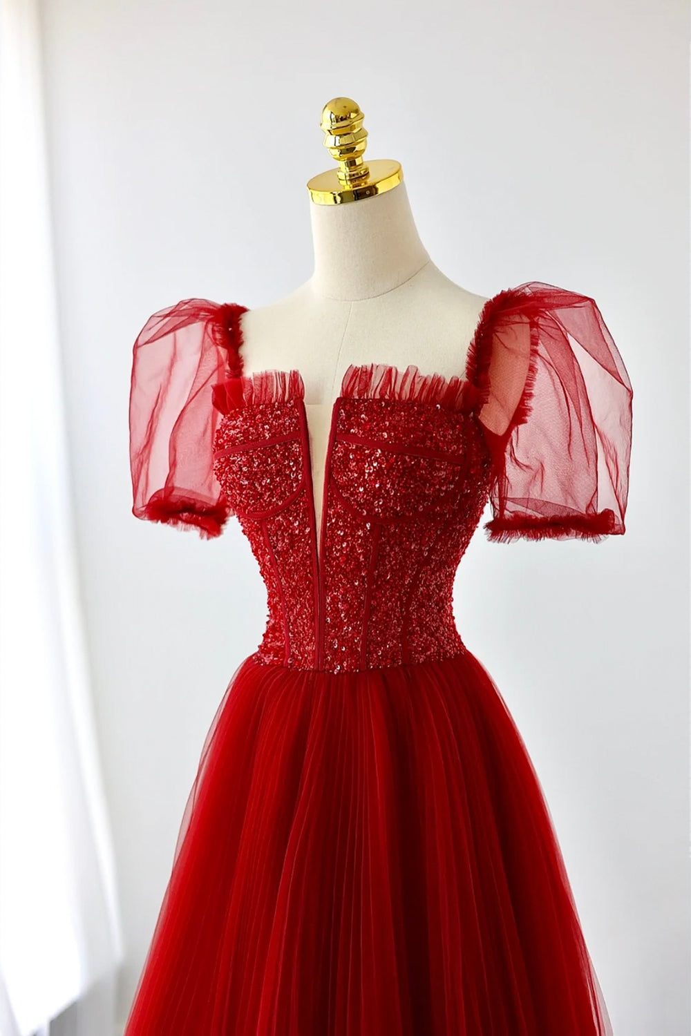 Dark Red Tulle Floor Length Formal Dress, Beautiful A-Line Short Sleev