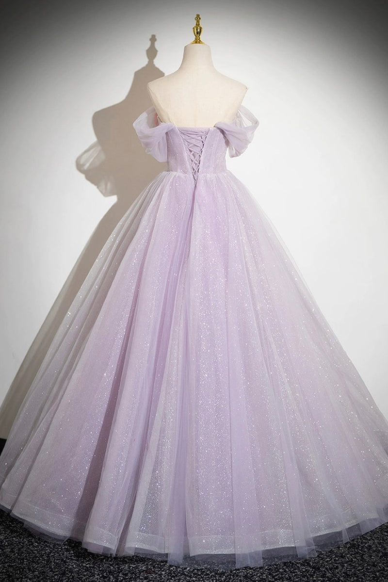 Lilac Strapless Tulle Long Prom Dresses with Flowers, Lilac Off the Sh
