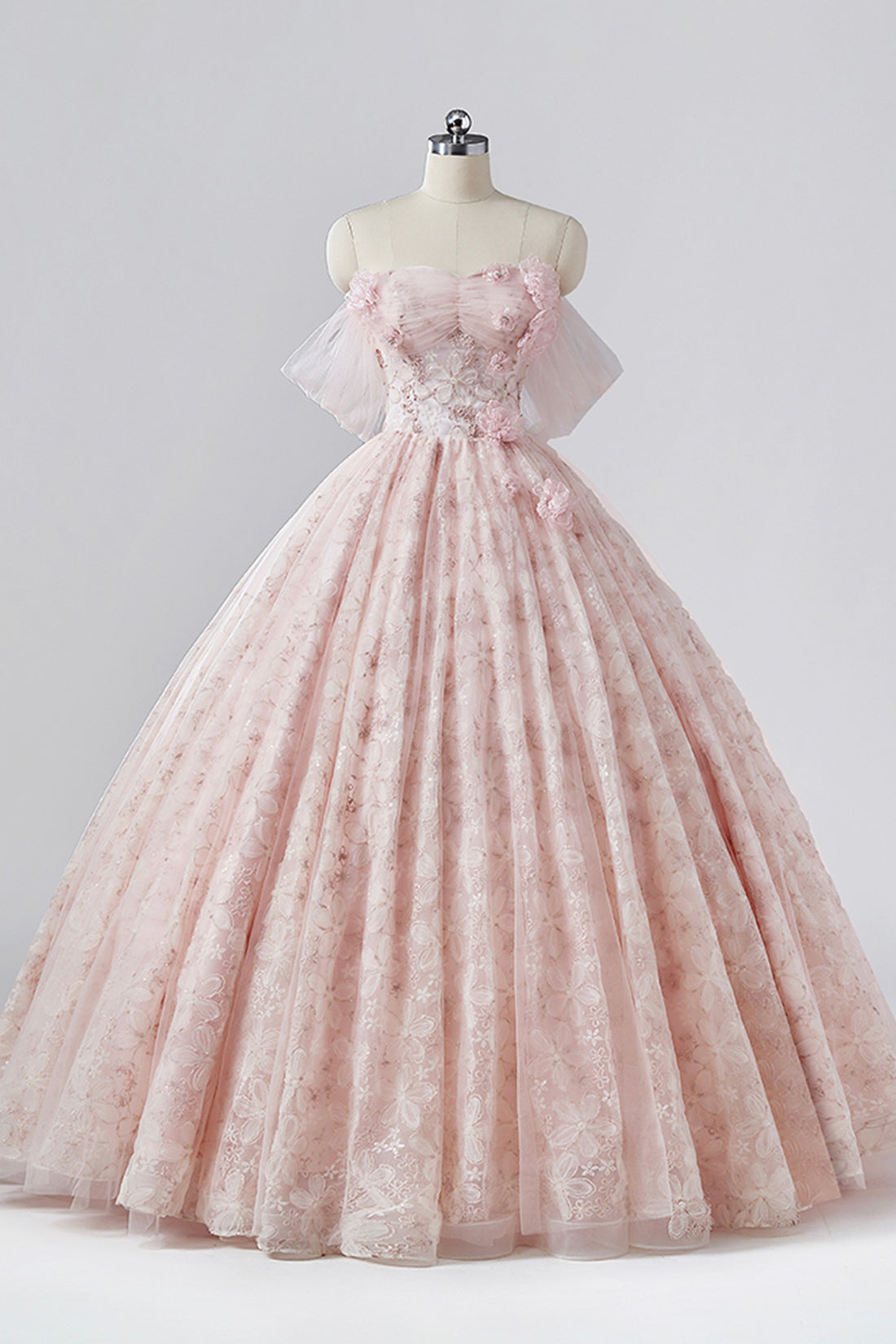 Pink Flower Long Princess Dress, Off the Shoulder Tulle Evening Party
