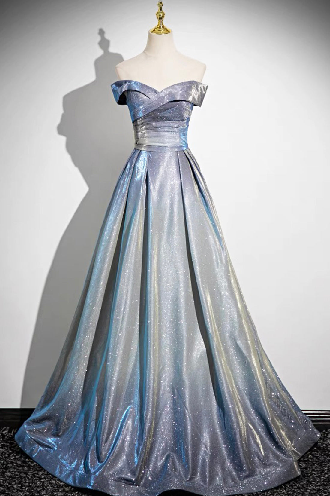 Blue Gradient A-Line Floor Length Prom Dress, Blue Off the Shoulder Ev