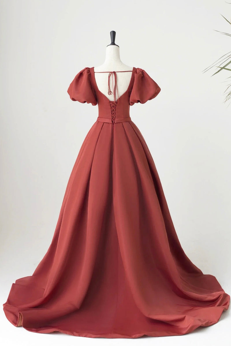 Maroon Satin Long Pleated Long Prom Dress, Elegant Short Sleeve Evenin