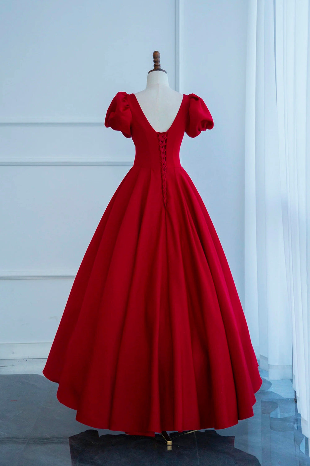Dark Red Short Sleeve Long Prom Dress, Beautiful A-Line Evening Party