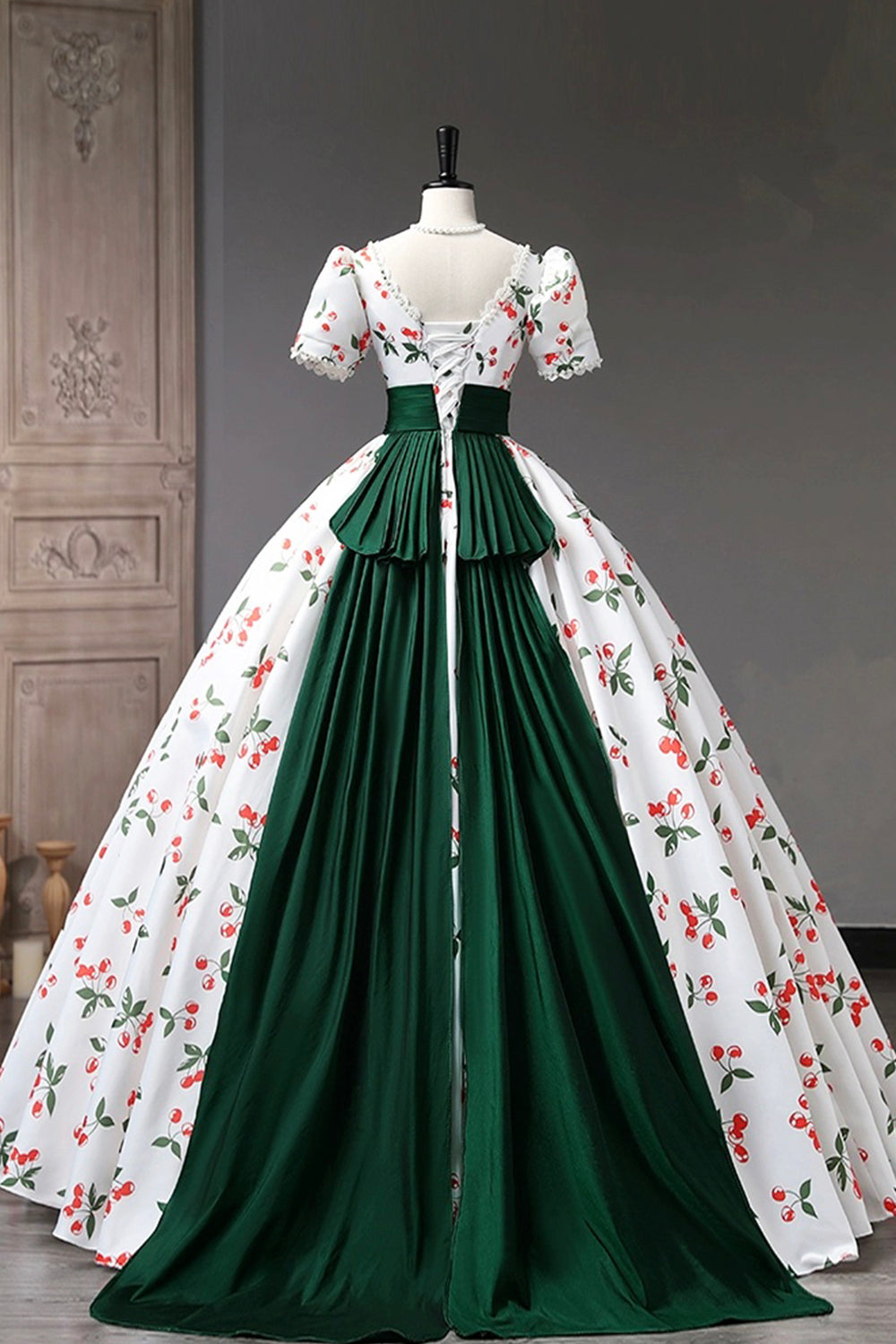 Cute Cherry Pattern Long Princess Prom Dress, White A-Line Evening Par