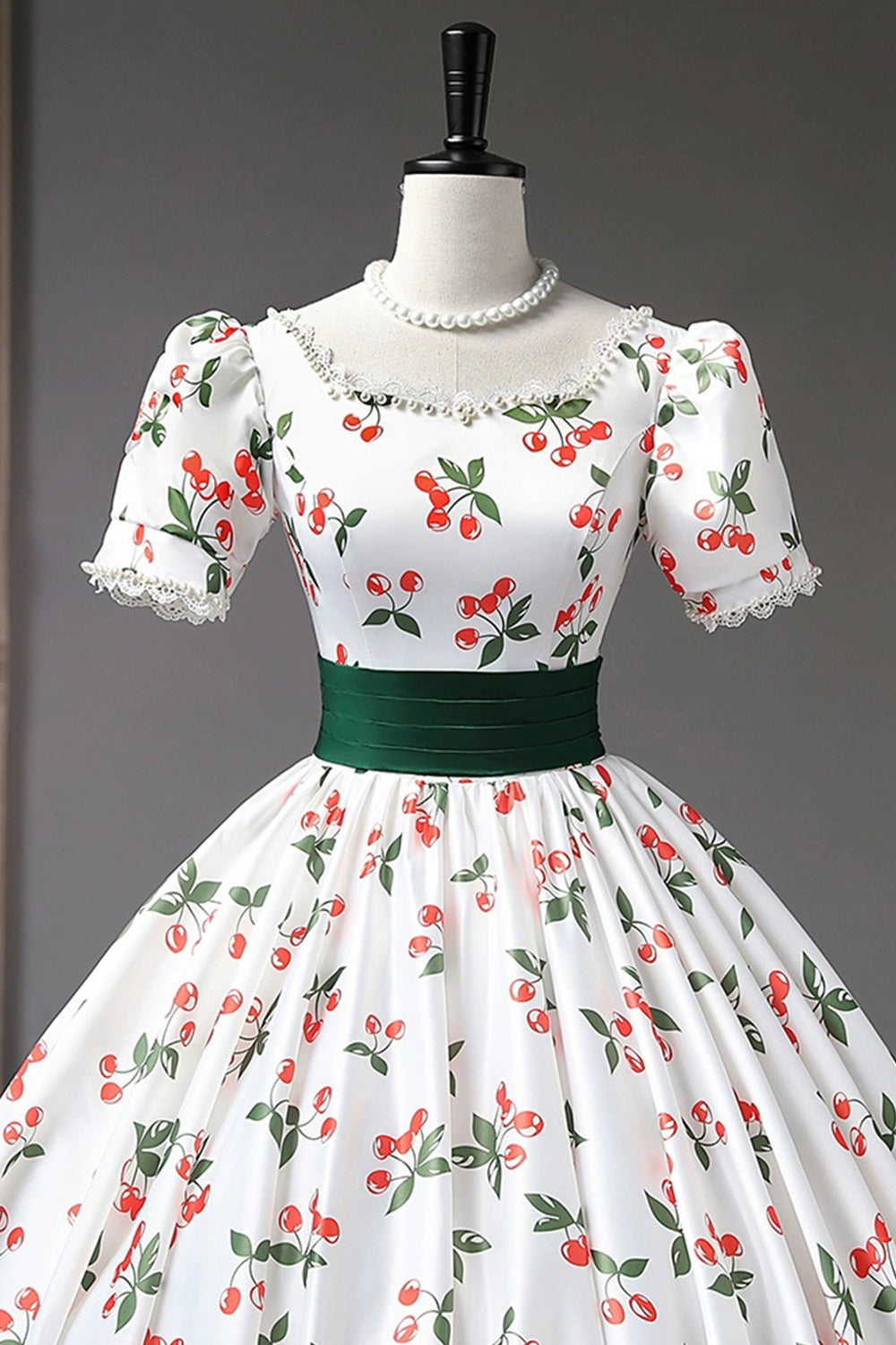 Cute Cherry Pattern Long Princess Prom Dress, White A-Line Evening Par