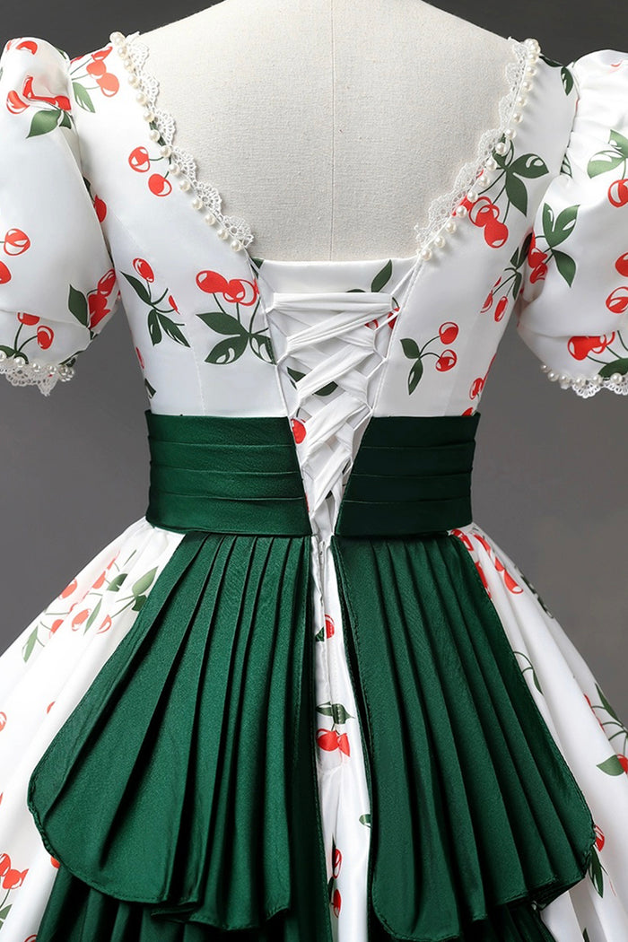 Cute Cherry Pattern Long Princess Prom Dress, White A-Line Evening Par