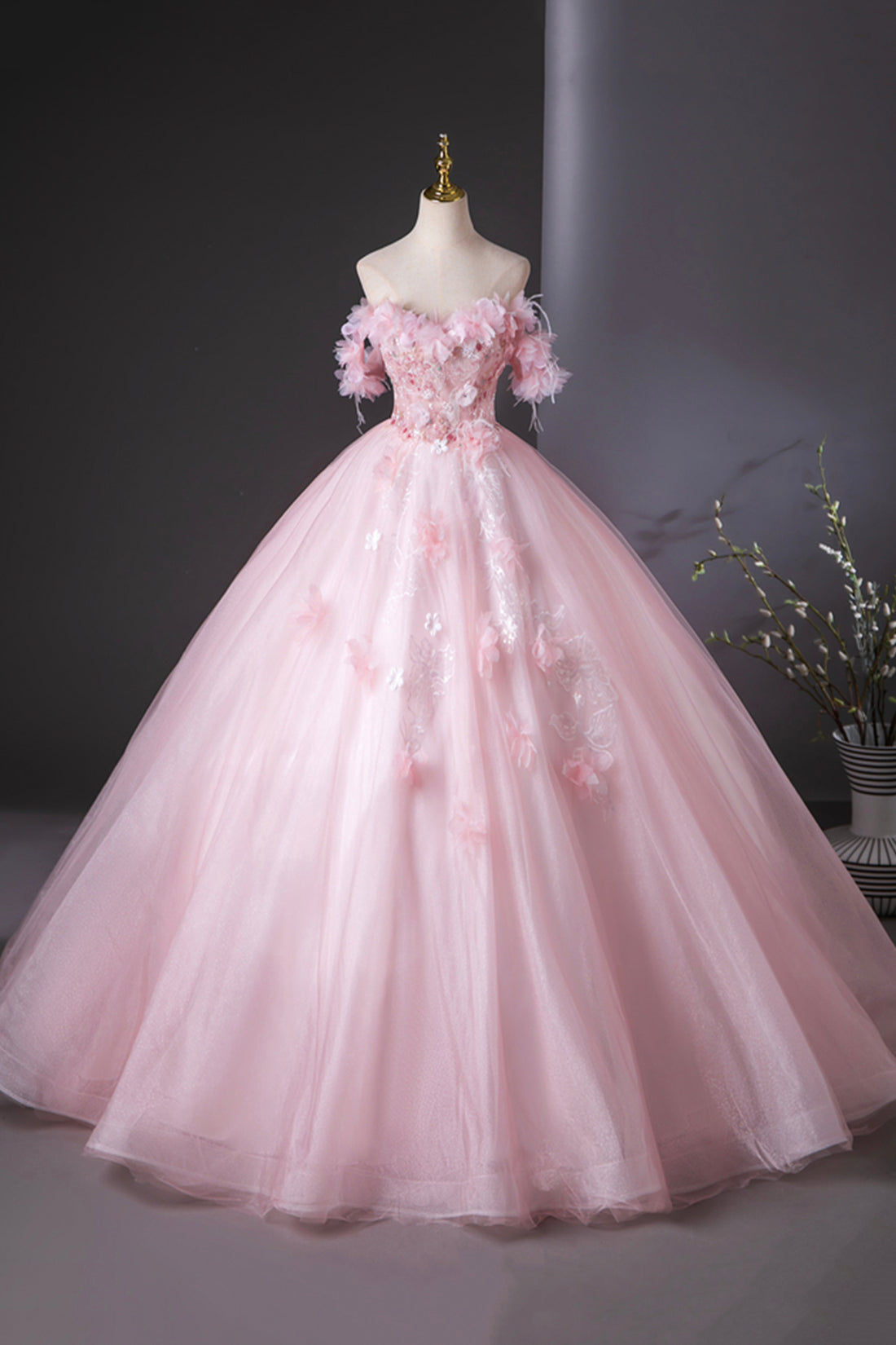 Pink Tulle Lace and Flowers Ball Gown Formal Dresses, Pink Long Sweet