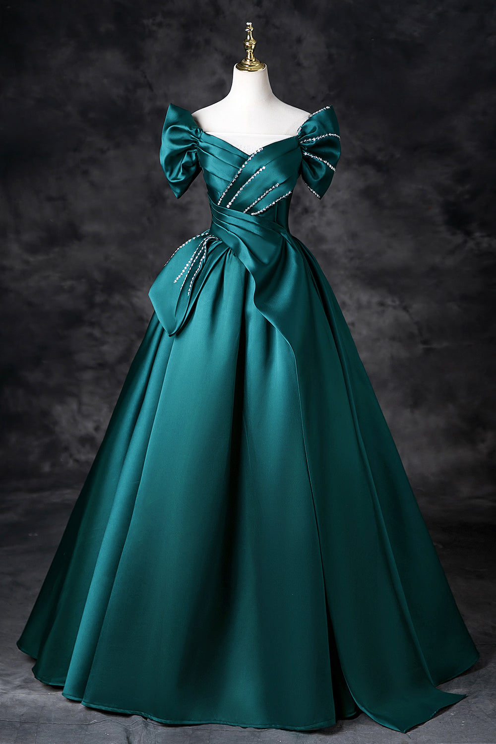 Green Satin Long A-Line Prom Dress, Green Off the Shoulder Evening Par