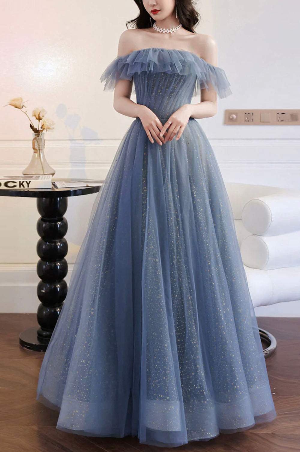 Blue Tulle Off Shoulder Long Formal Dress with Bow, A-Line Evening Gow
