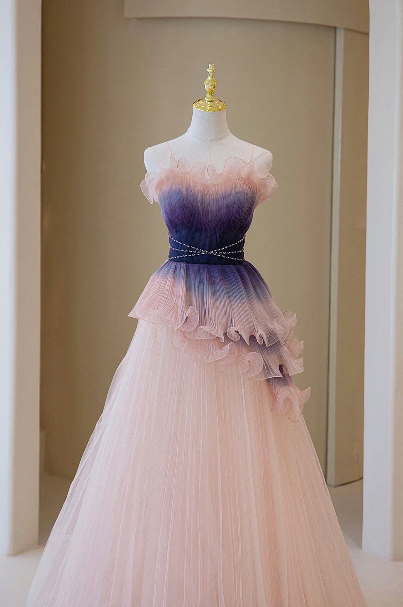 Unique Pink Gradient Long Prom Dress, A-Line Strapless Evening Party D