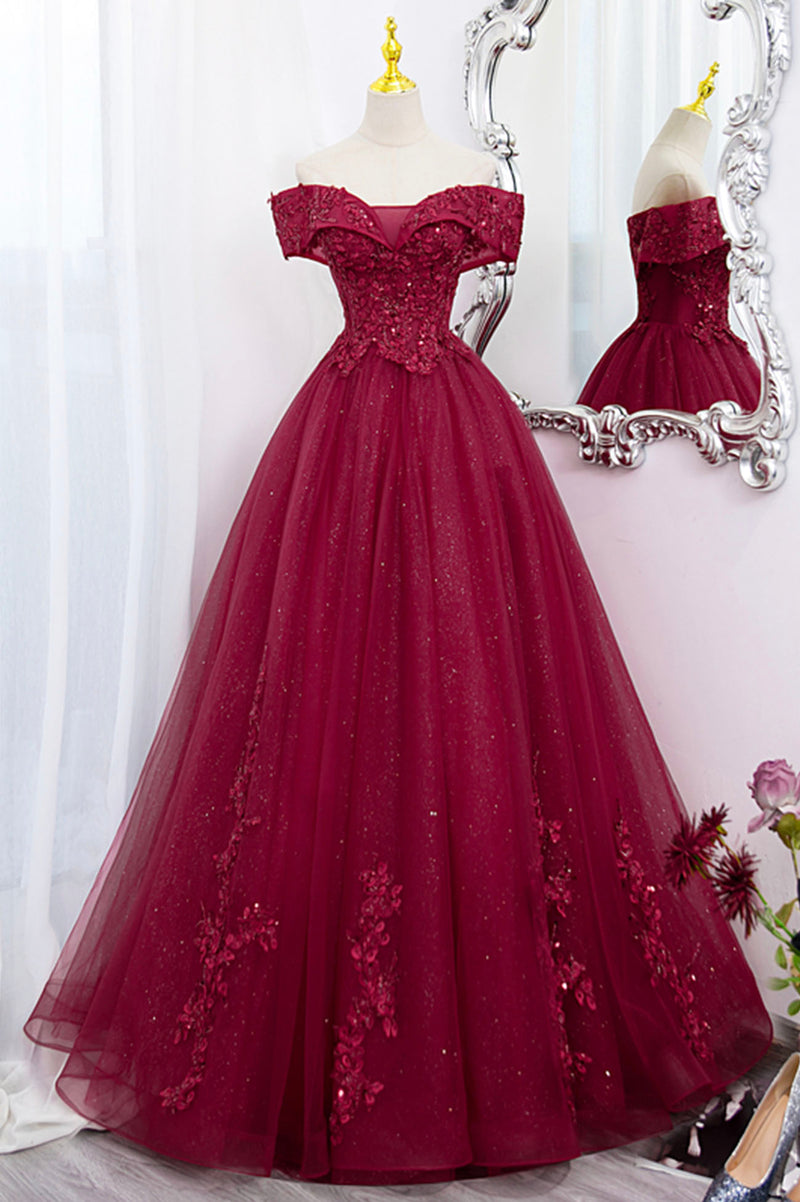 Burgundy Sweet 16 Formal Gown with Lace, Off the Shoulder Prom Dress P