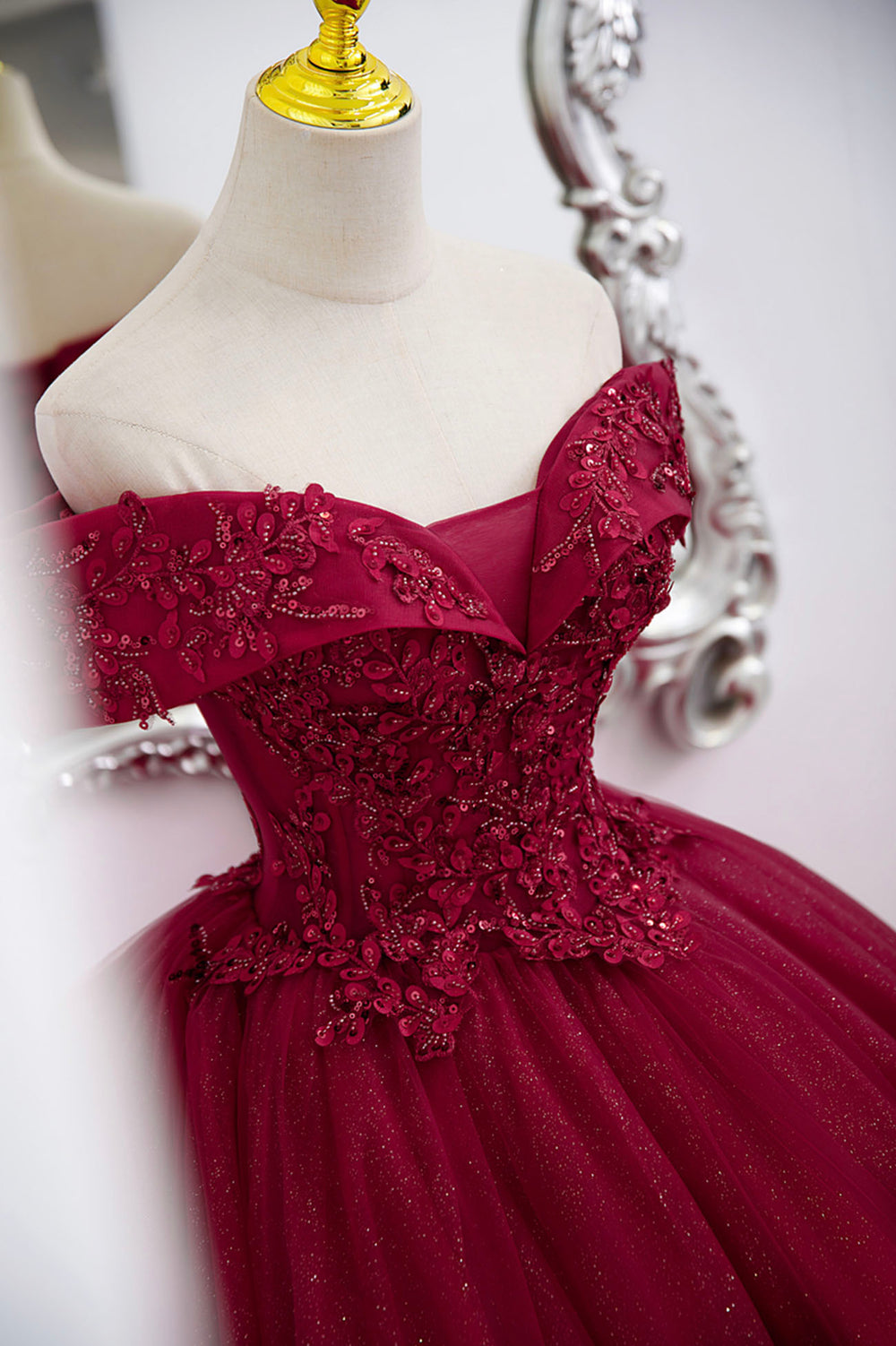 Burgundy Sweet 16 Formal Gown with Lace, Off the Shoulder Prom Dress P
