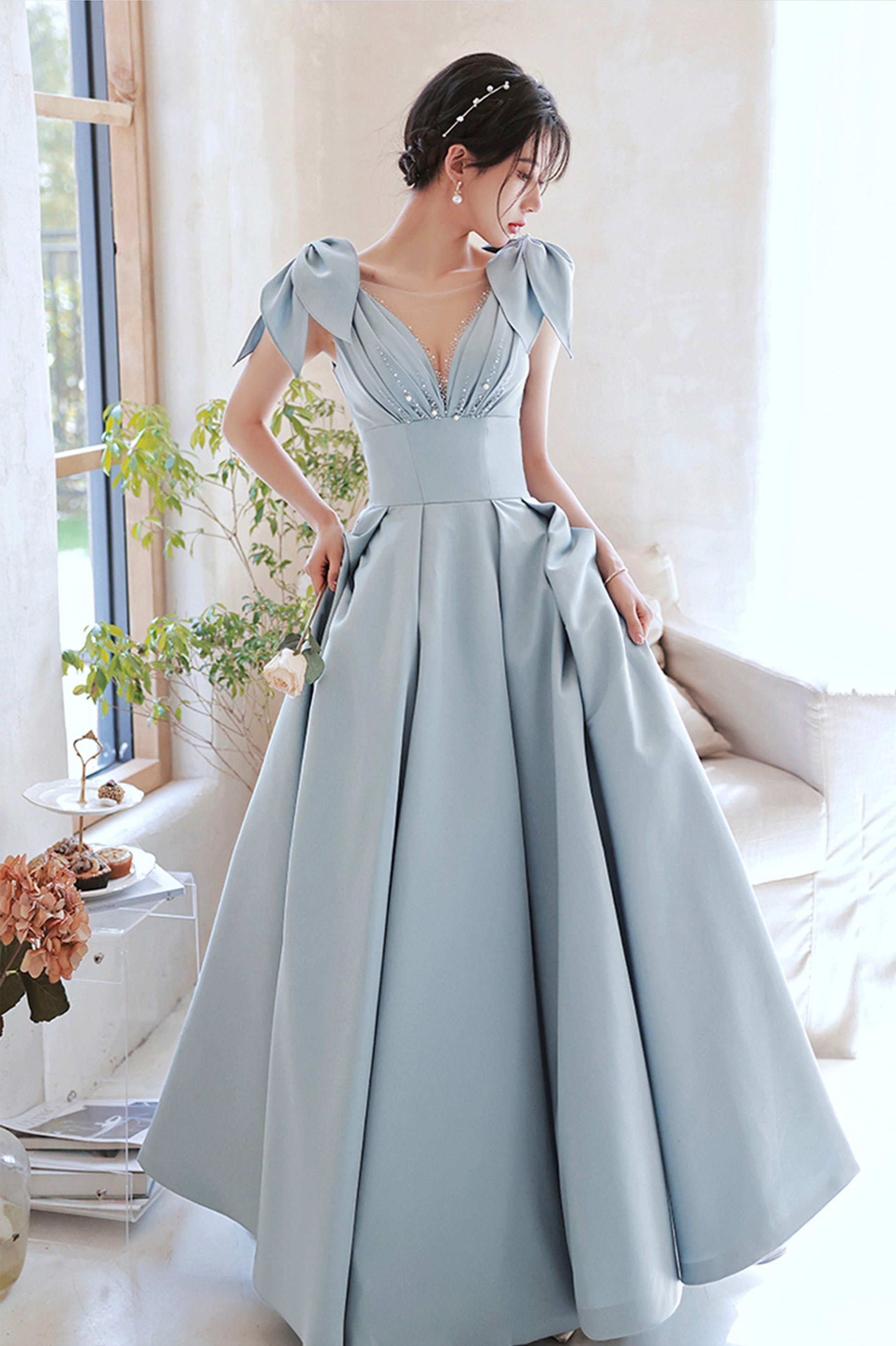 Blue Satin Long A-Line Prom Dress, Lovely Blue Graduation Dress with B