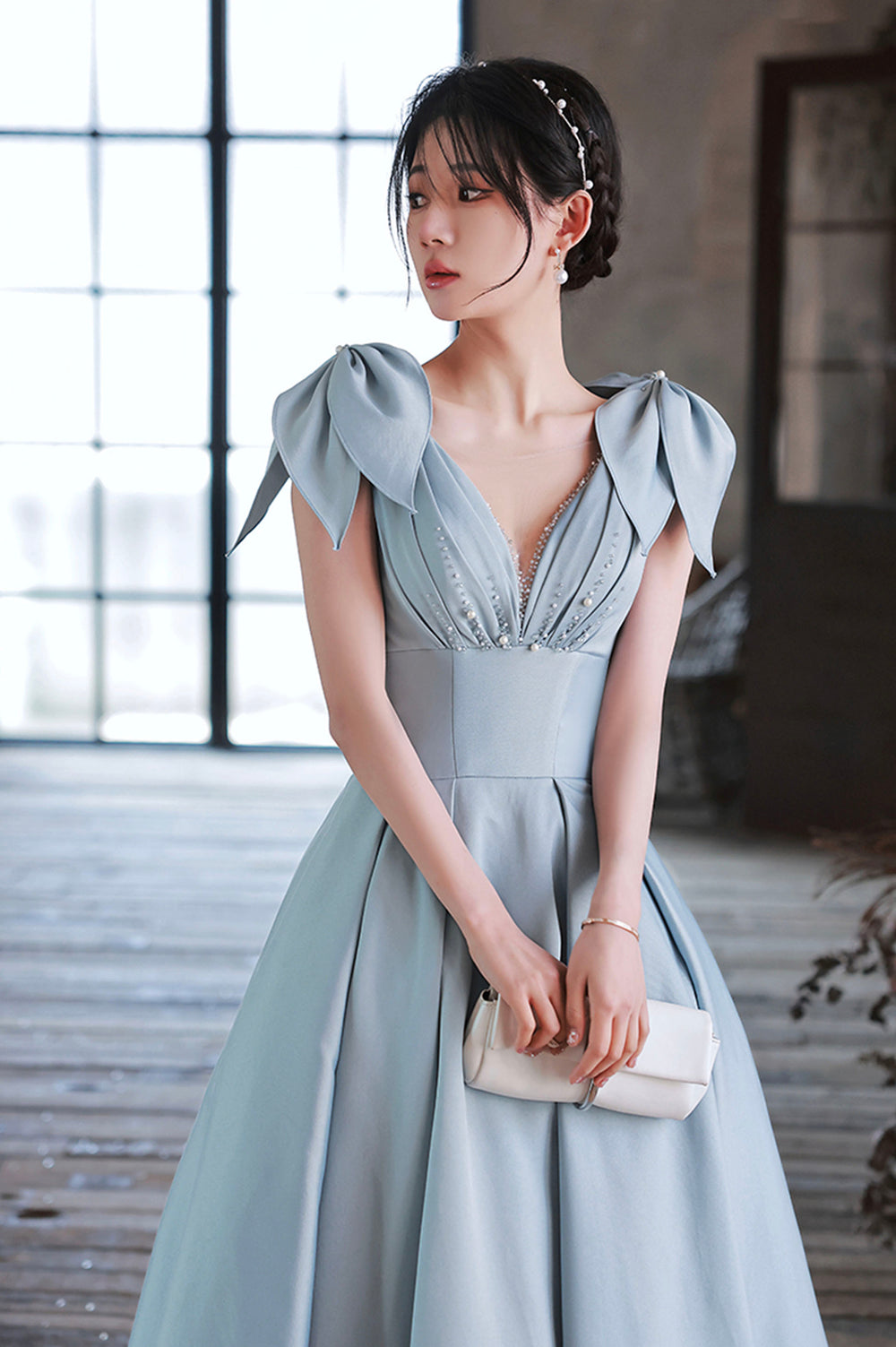 Blue Satin Long A-Line Prom Dress, Lovely Blue Graduation Dress with B