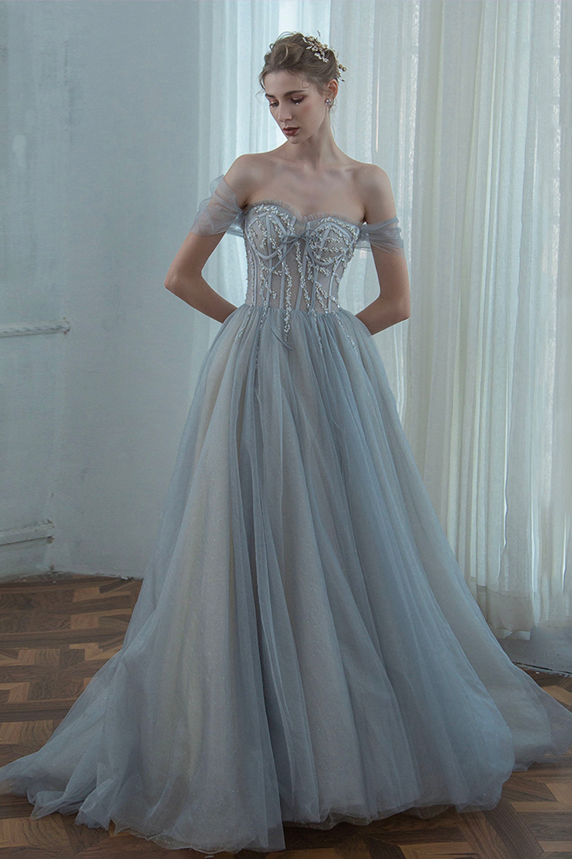Off the Shoulder Tulle Long Prom Dress, Gray A-Line Evening Dress with