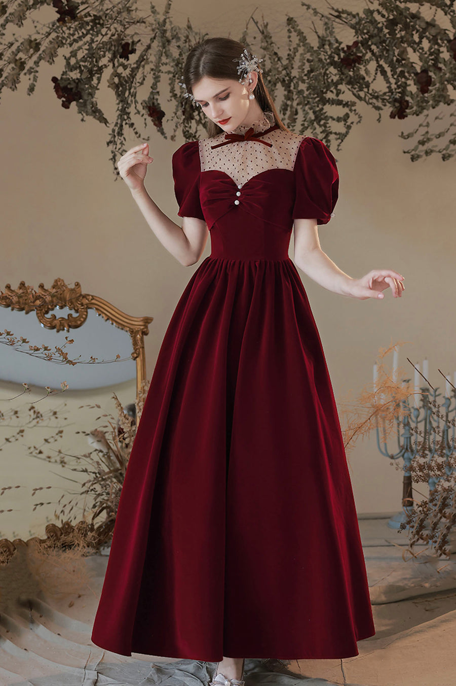 Burgundy Velvet Tea Length Prom Dress, Cute Short Sleeve Evening Party