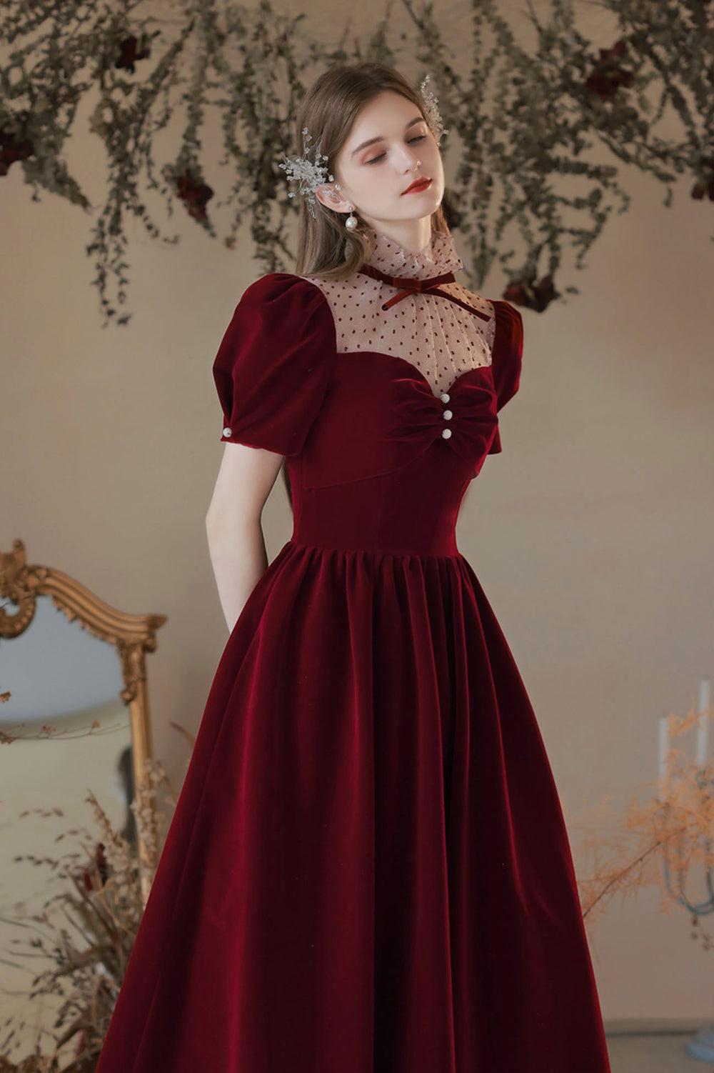 Burgundy Velvet Tea Length Prom Dress, Cute Short Sleeve Evening Party