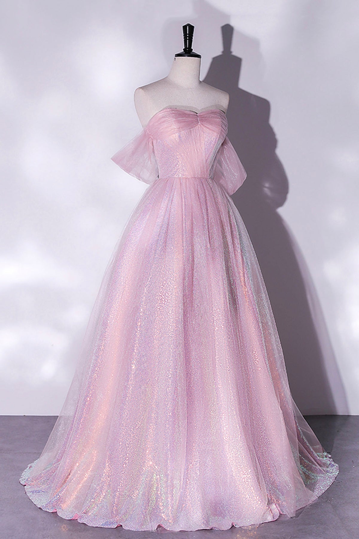 Pink Sequins Long A-Line Prom Dress, Off the Shoulder Evening Party Dr