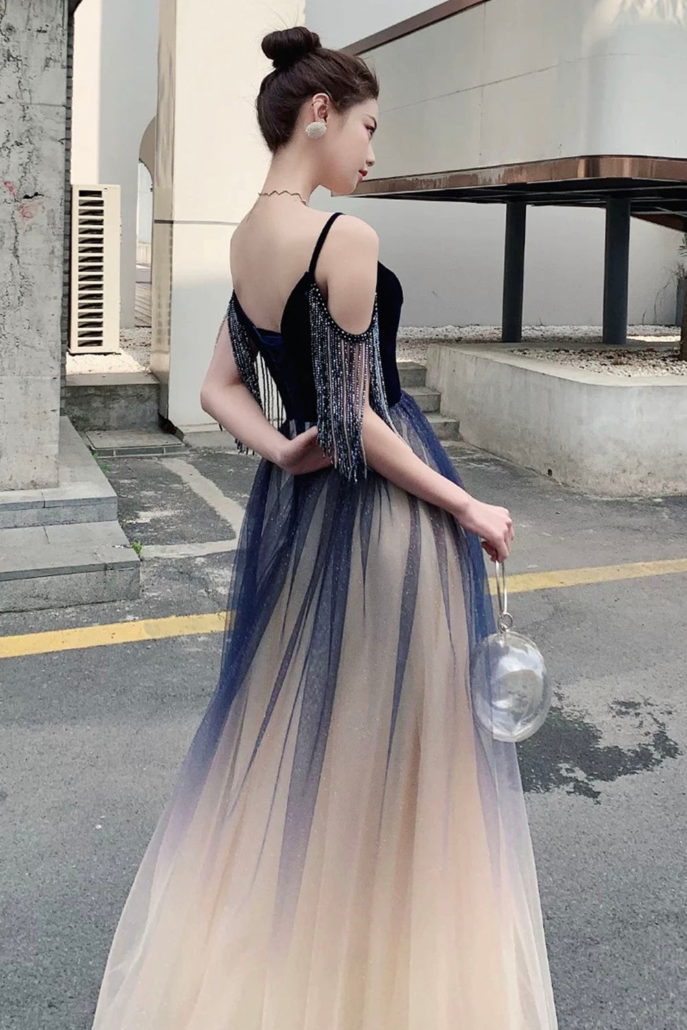 Blue Spaghetti Strap Gradient Long Formal Dress, A-Line V-Neck Prom Dr