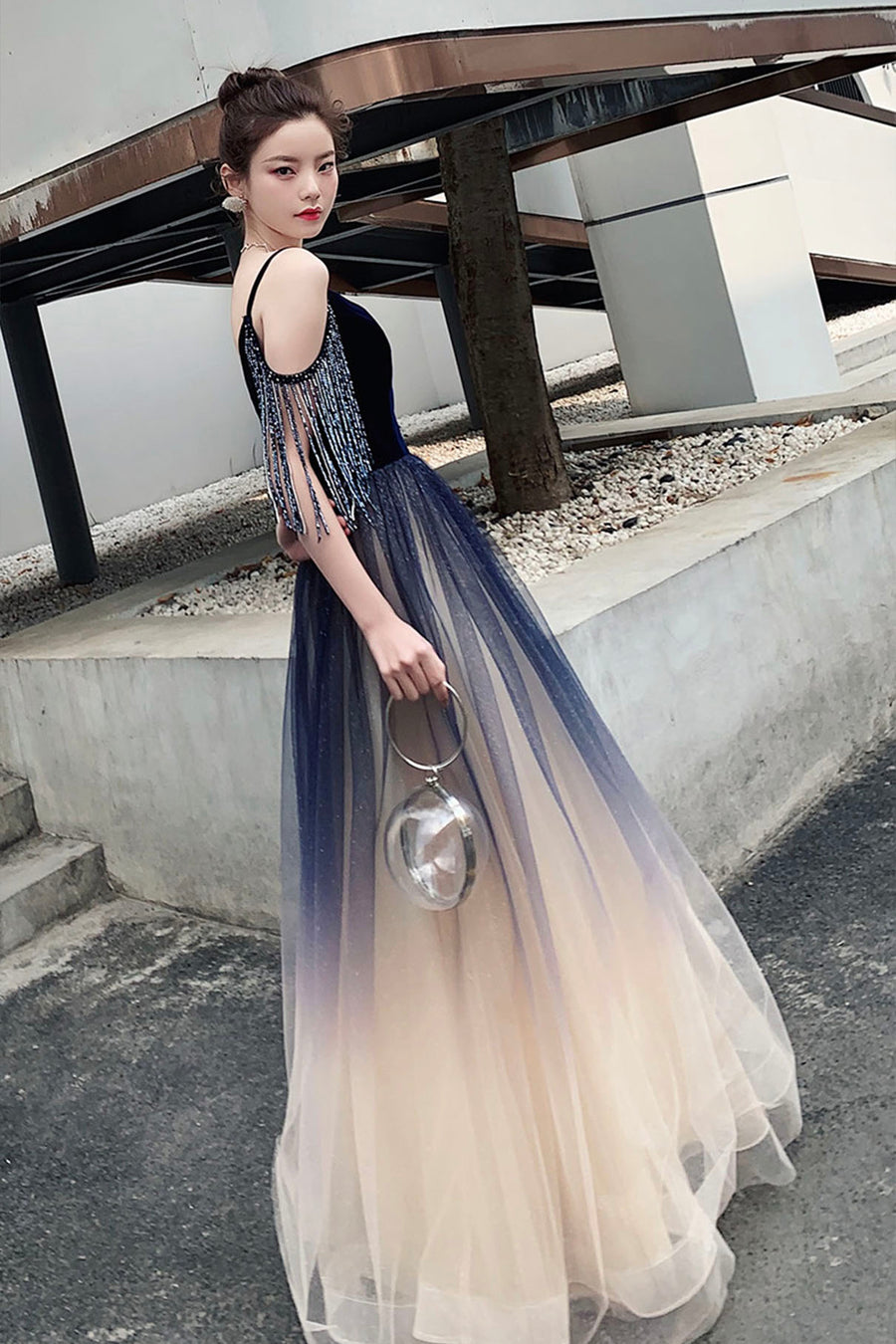 Blue Spaghetti Strap Gradient Long Formal Dress, A-Line V-Neck Prom Dr