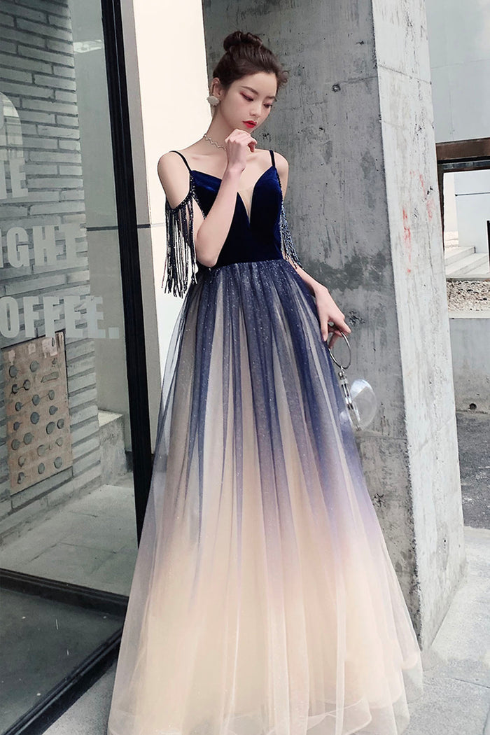 Blue Spaghetti Strap Gradient Long Formal Dress, A-Line V-Neck Prom Dr